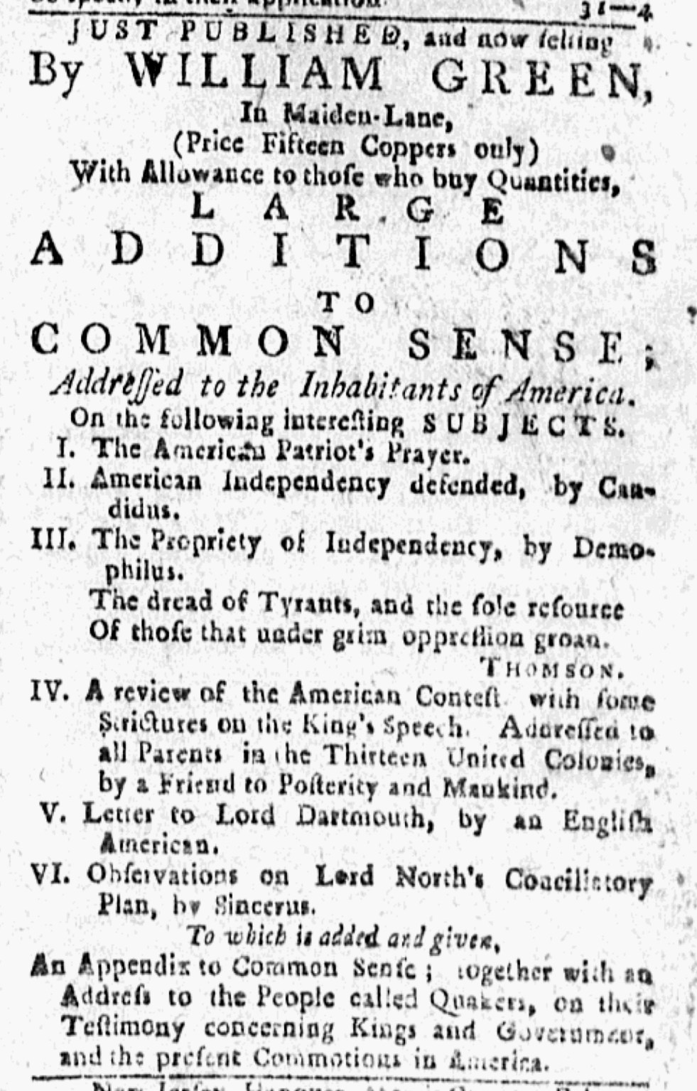Advertisements for Common Sense Published March 7, 1776 | The Adverts ...