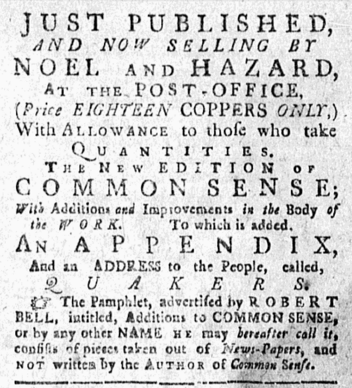 Advertisements for Common Sense Published March 7, 1776 | The Adverts ...