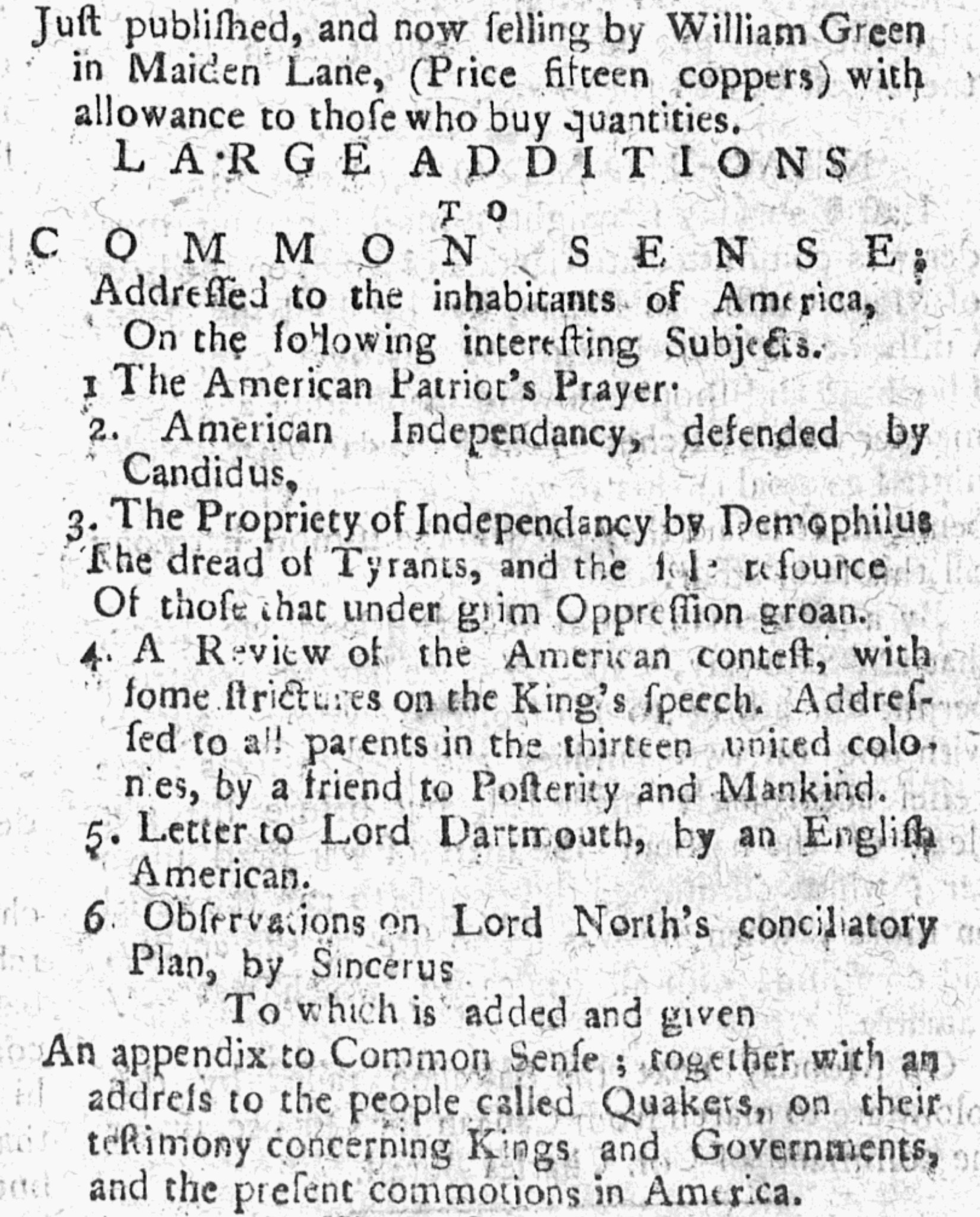 Advertisements for Common Sense Published March 9, 1776 | The Adverts ...