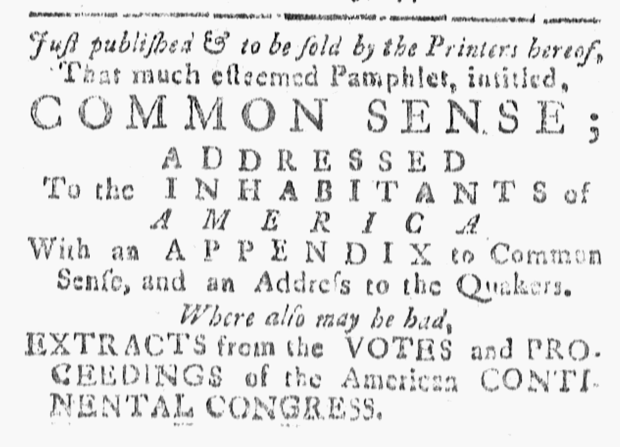Advertisements for Common Sense Published March 27, 1776 | The Adverts ...