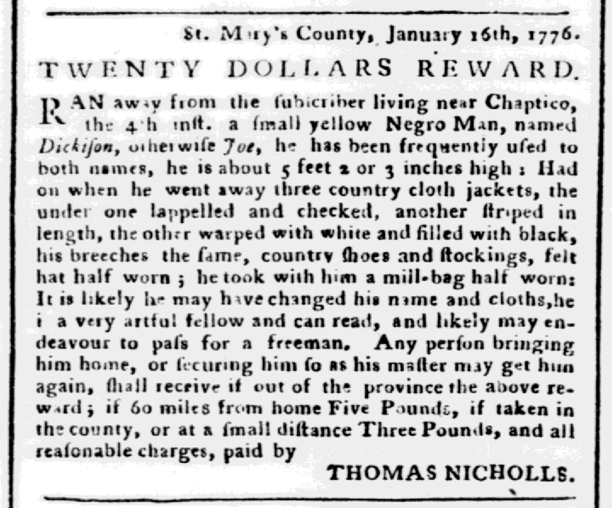 Slavery Advertisements Published May 6, 1776 | The Adverts 250 Project