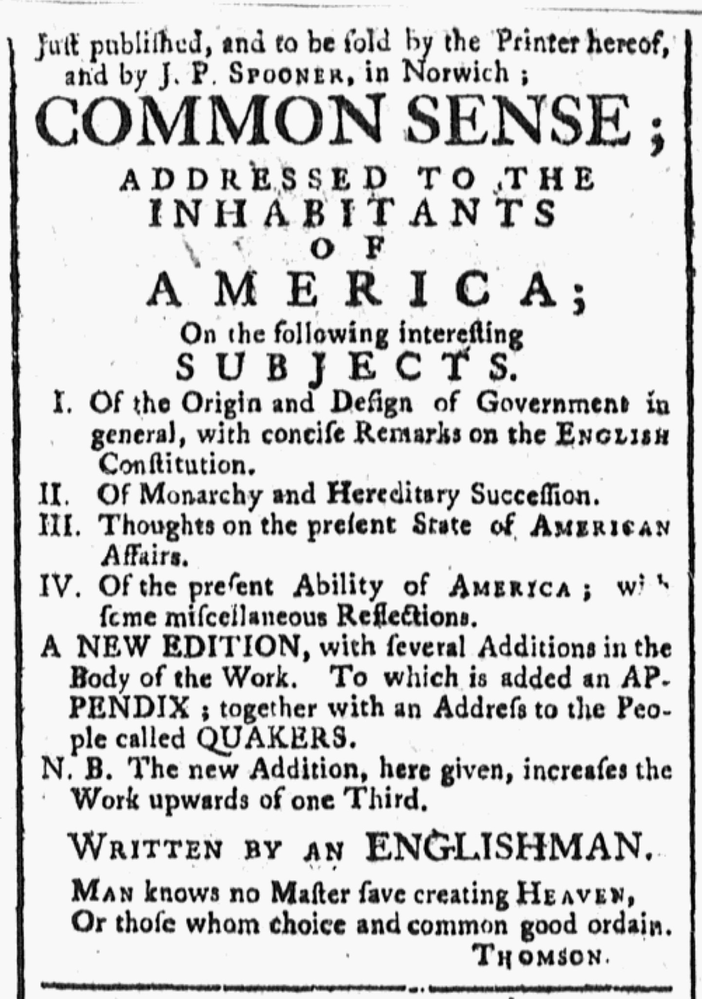 Advertisements for Common Sense Published April 19, 1776 | The Adverts ...