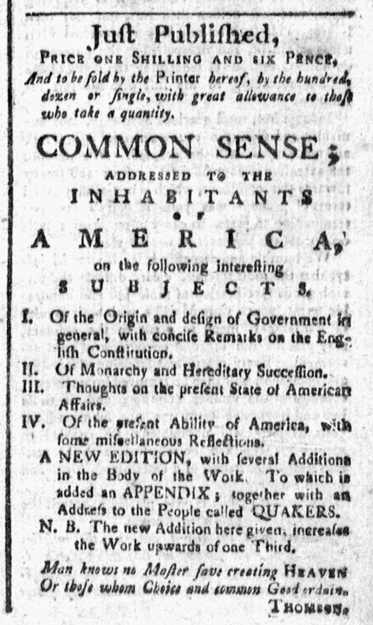 Advertisements for Common Sense Published June 21, 1776 | The Adverts ...